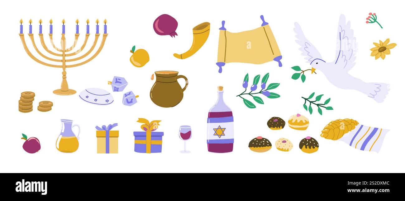 Hanukkah celebration elements: menorah, dreidel, gifts and traditional ...