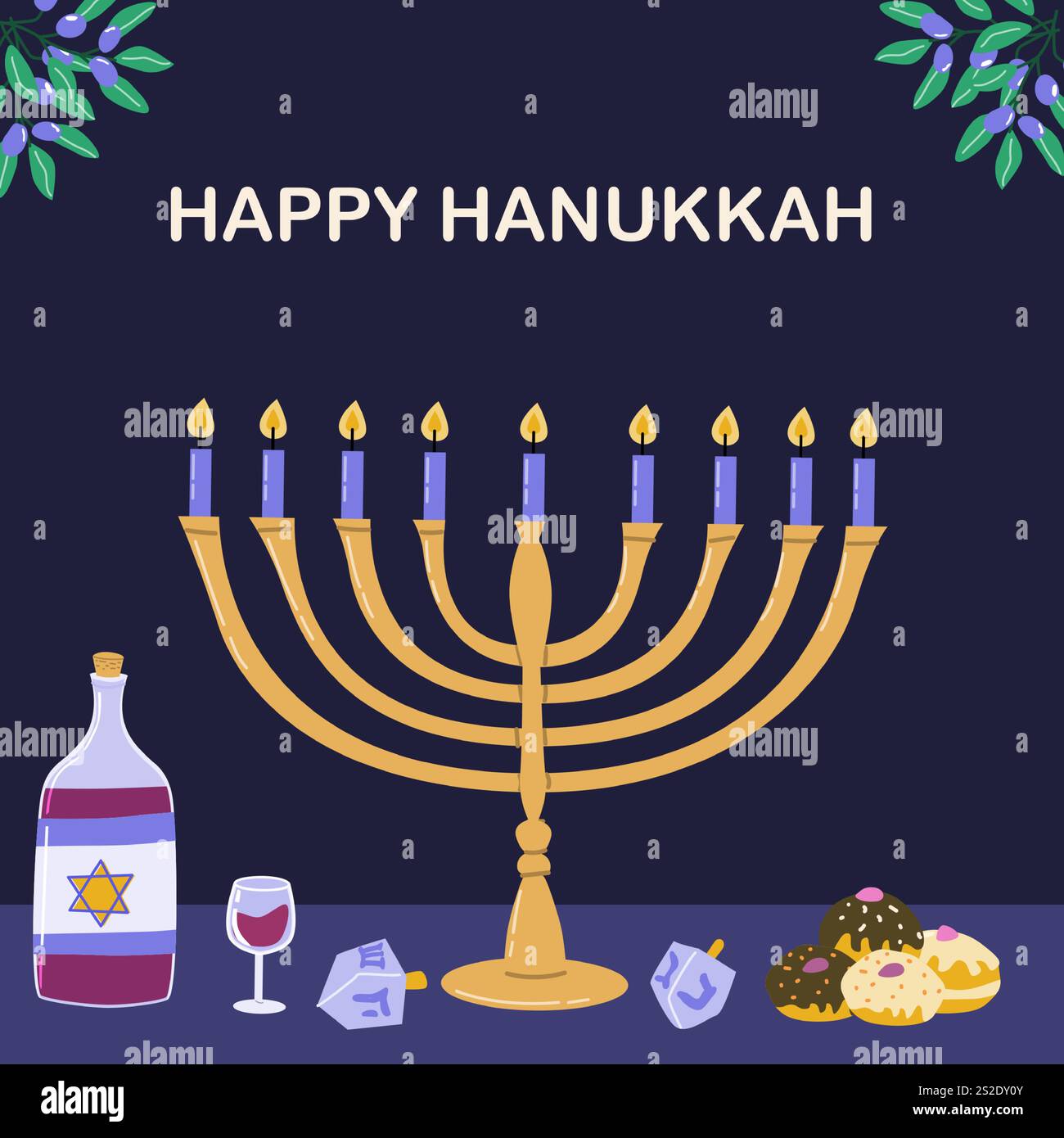Happy hanukkah celebration with menorah, dreidels, doughnuts, and wine ...