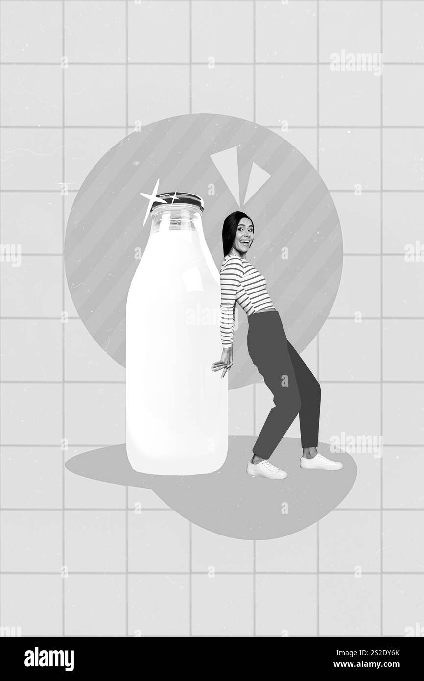 Vertical collage picture of black white gamma cheerful girl hold huge ...