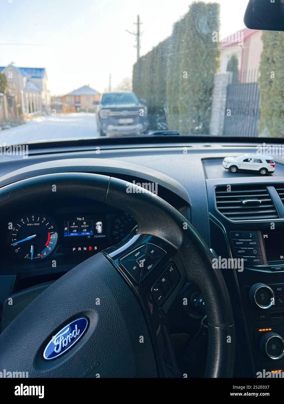 Kyiv, Ukraine - January 07, 2025: Inside view of Ford Explorer car showing steering wheel and ...