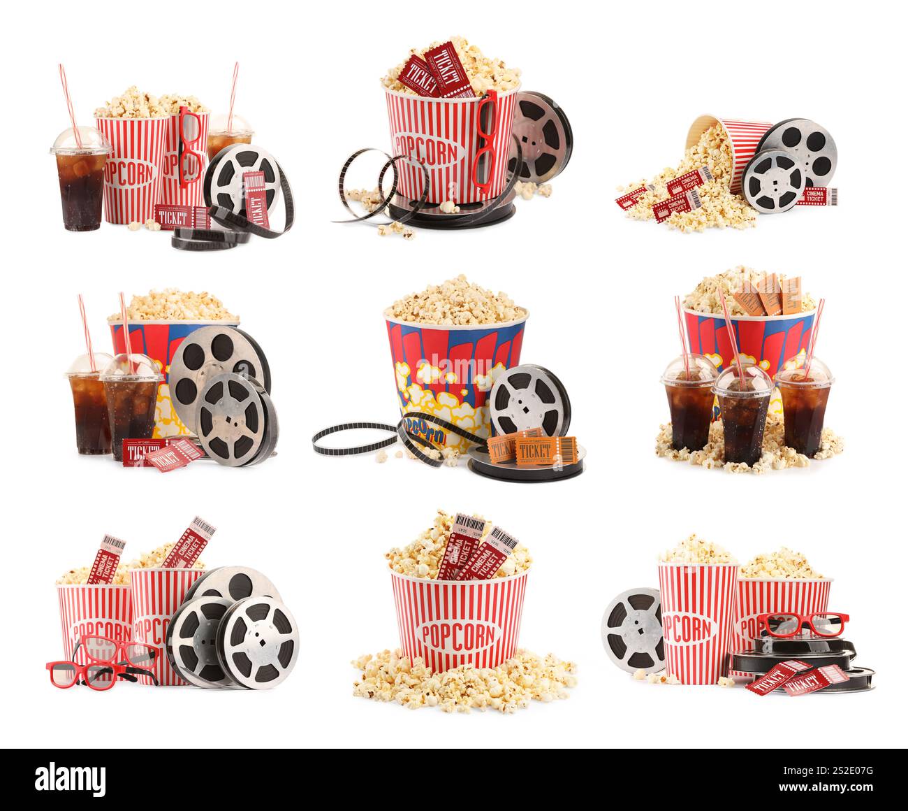 Popcorn, cinema tickets, glasses, soda drink and film reels on white ...