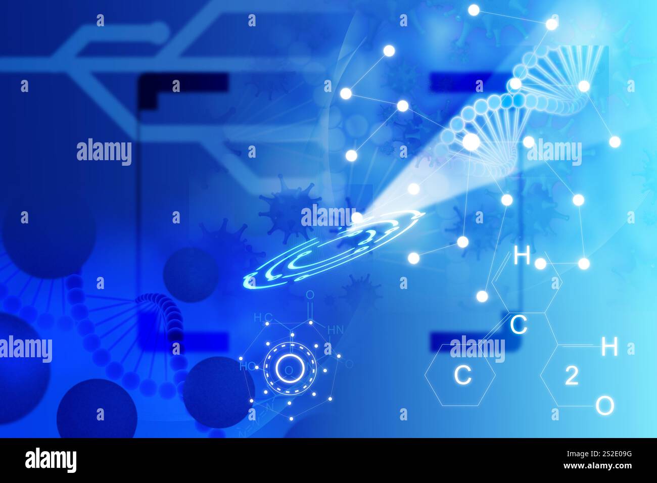 Medical technology. Chemical formula, DNA and virus on blue gradient ...