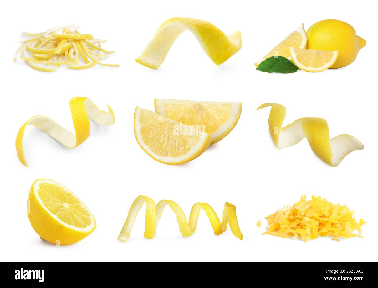 Fresh lemons, peels and zest on white background Stock Photo - Alamy