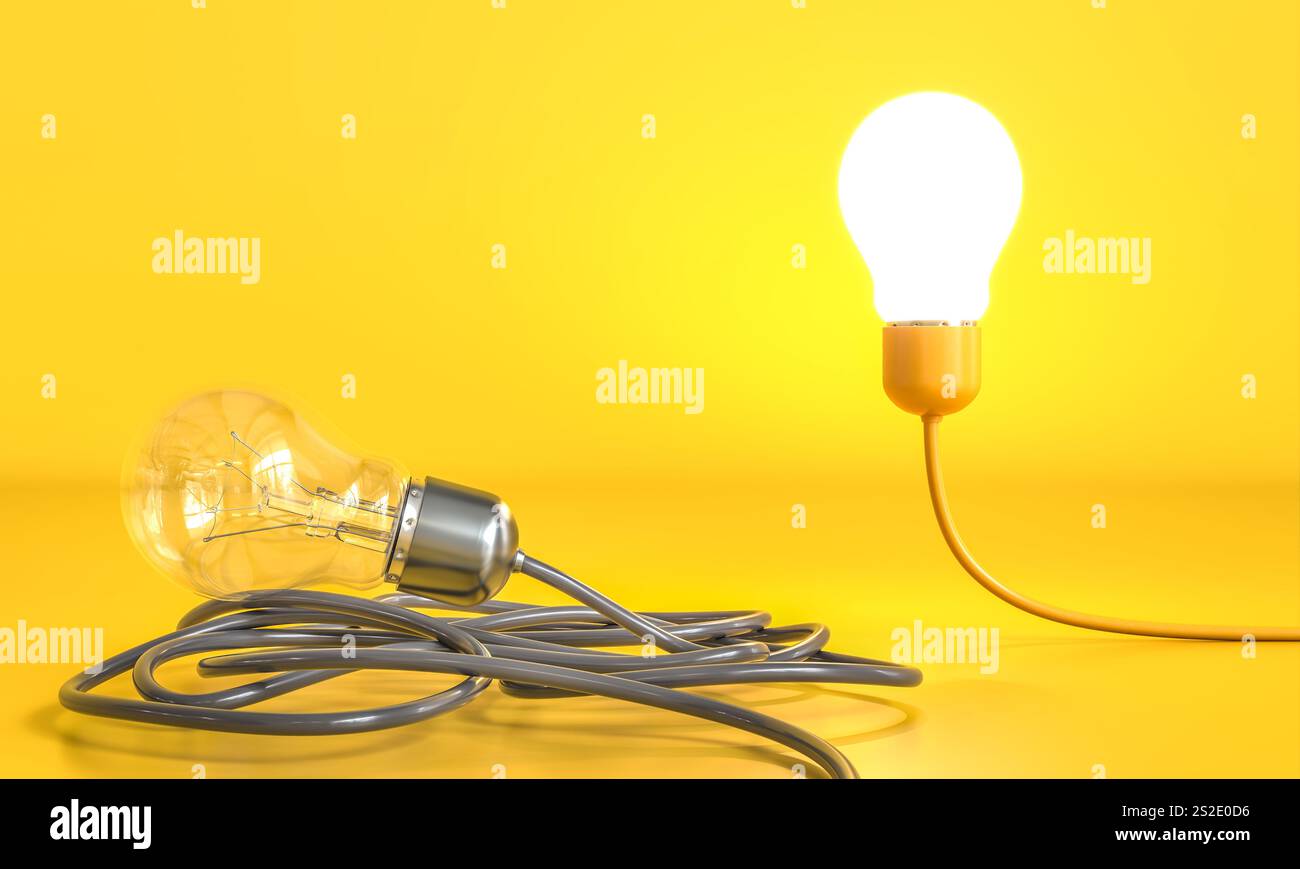 Lit lightbulb with orange cable representing new ideas versus old ideas ...