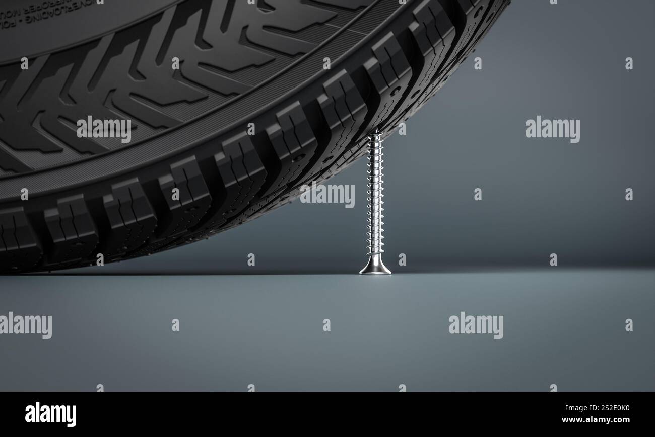 Car tire rolling over screw, causing puncture problem concept 3d Stock ...