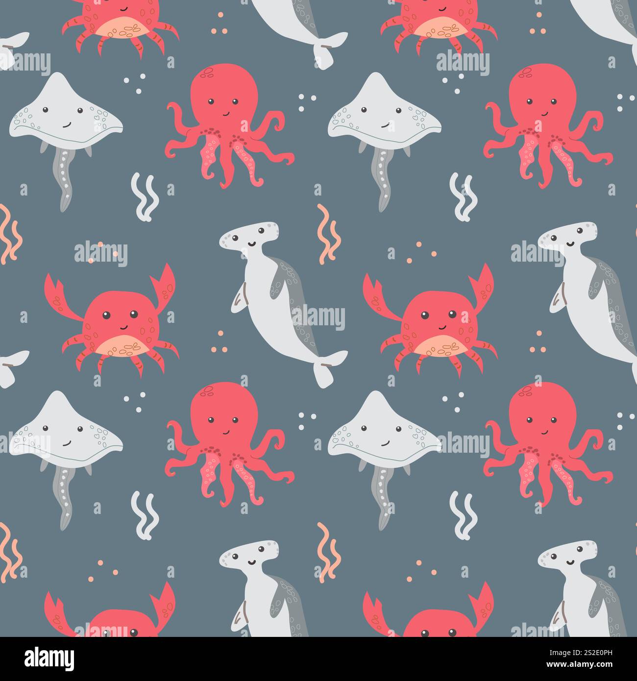 Cute cartoon sea creatures seamless pattern with octopus, crab, and ...