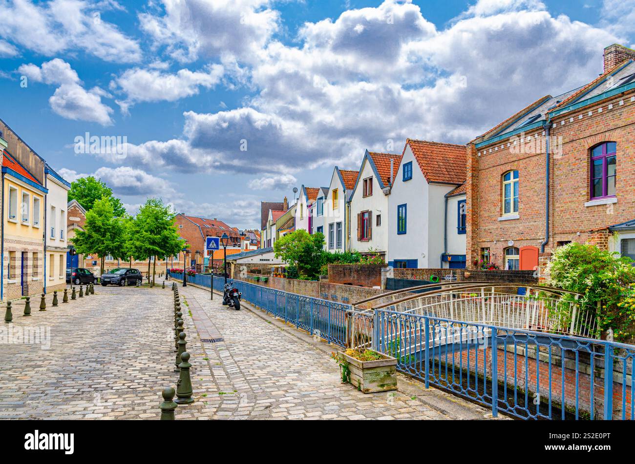 Amiens historical city centre Saint-Leu quarter. Cobblestone street ...