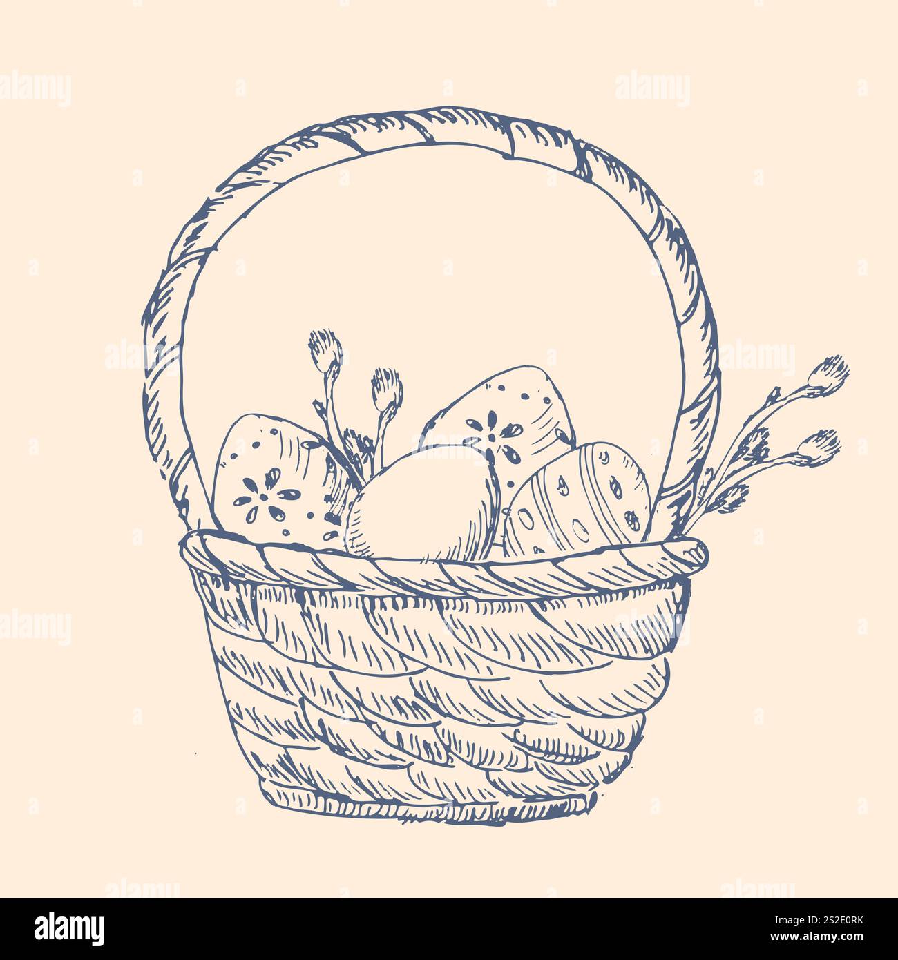 Happy easter graphic ink basket with eggs and branches. Hand drawn ...