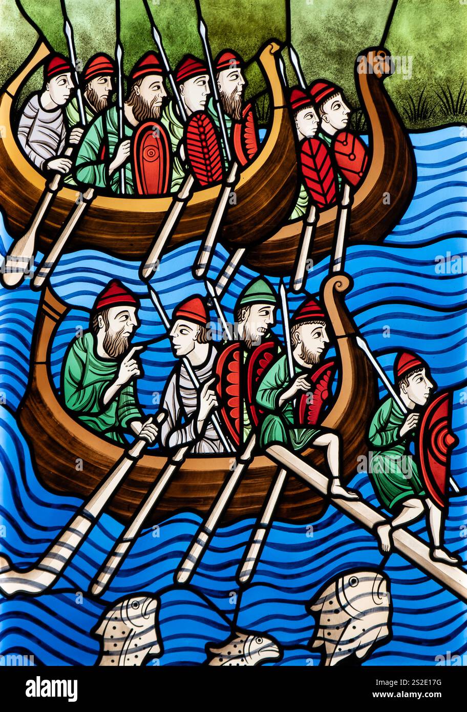 A stained glass panel depicting Viking warriors in longboats about to ...