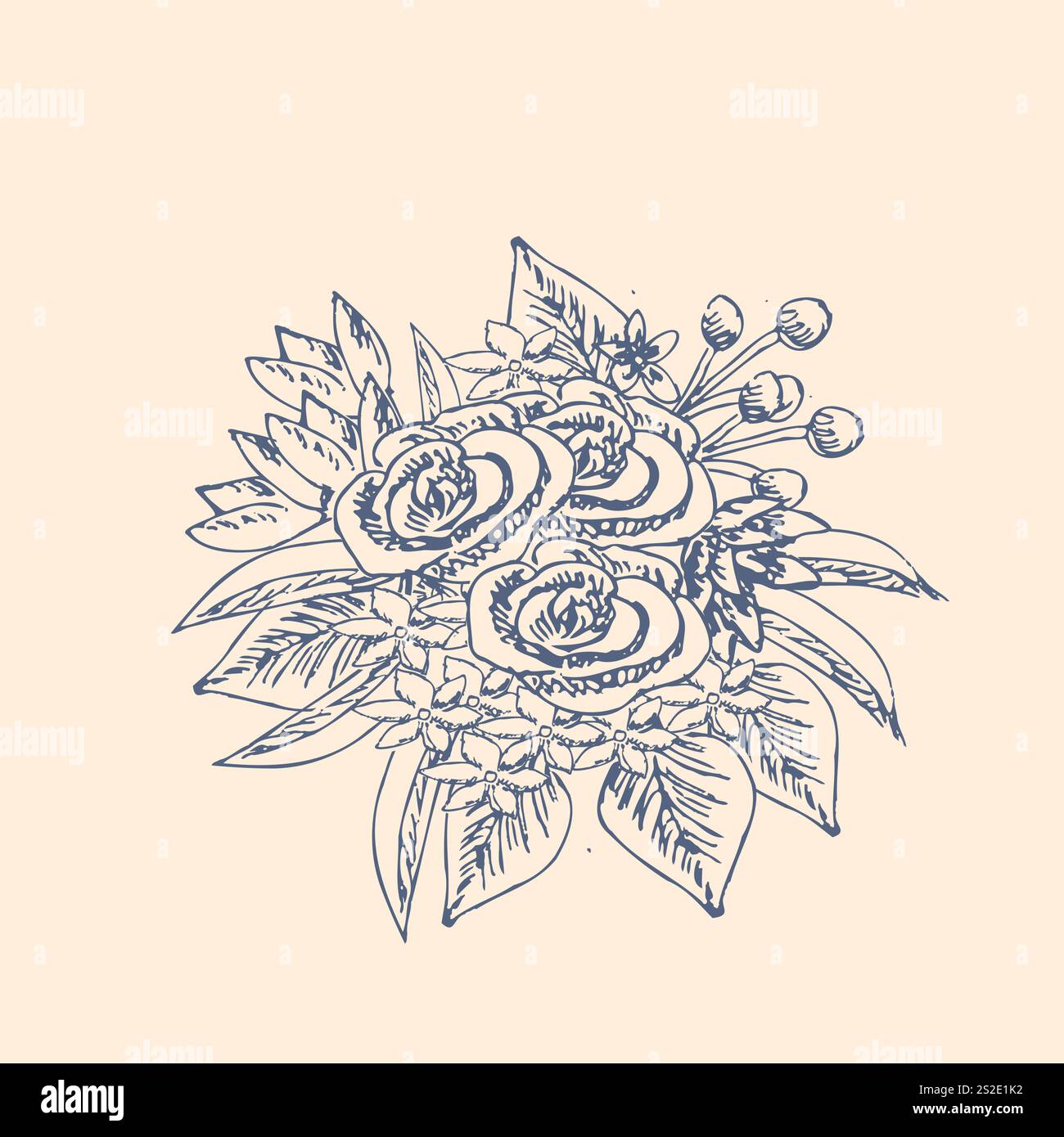 Spring or summer graphic ink bouquet. Hand drawn outline sketch of ...