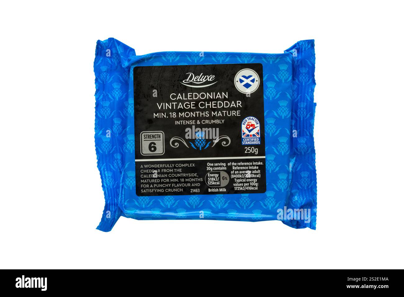 pack of Deluxe Caledonian Vintage Cheddar cheese isolated on white ...