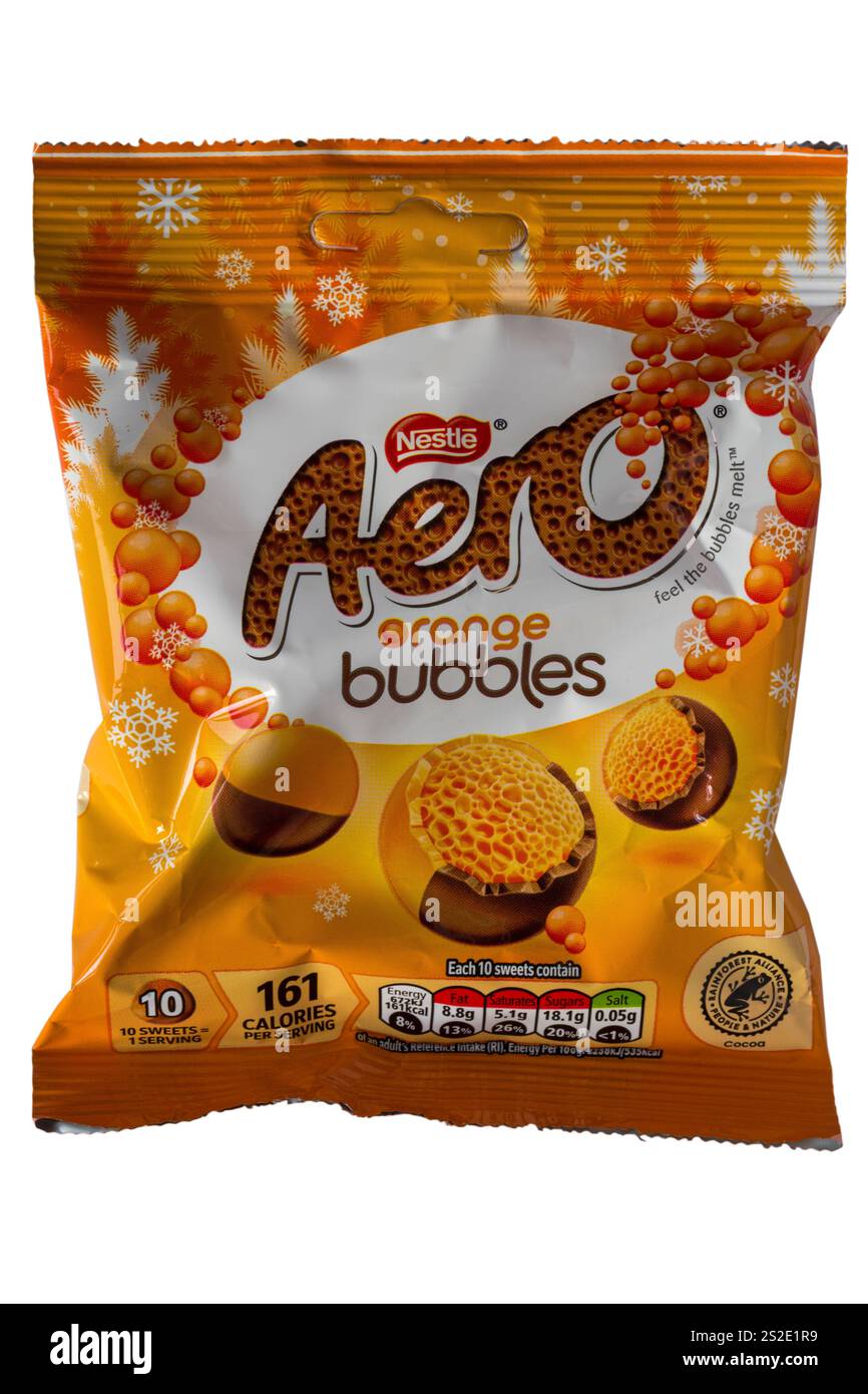 Packet of Nestle Aero Orange Bubbles isolated on white background - A ...