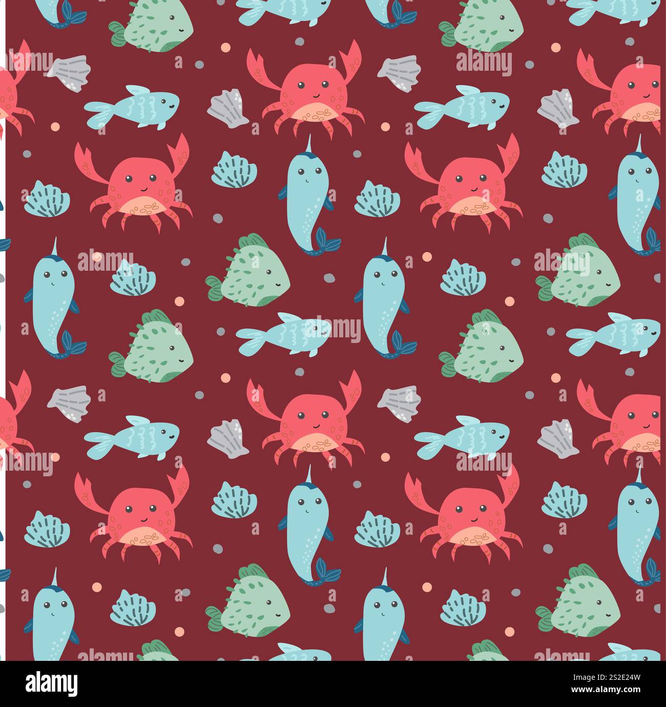 Colorful marine life pattern with crabs, fish, and shells on maroon ...