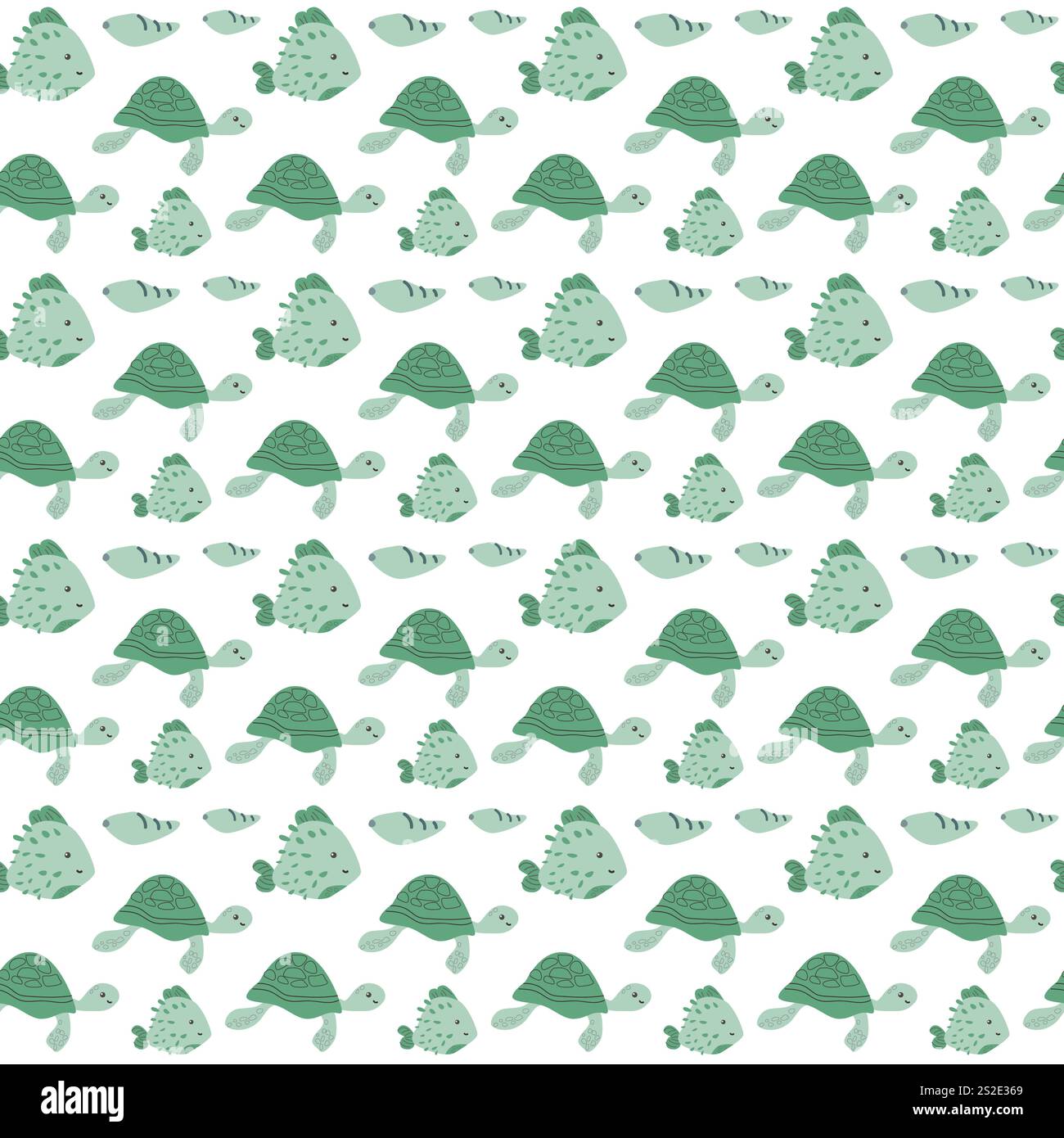 Seamless pattern of green turtles, fish, and rock shapes on white ...