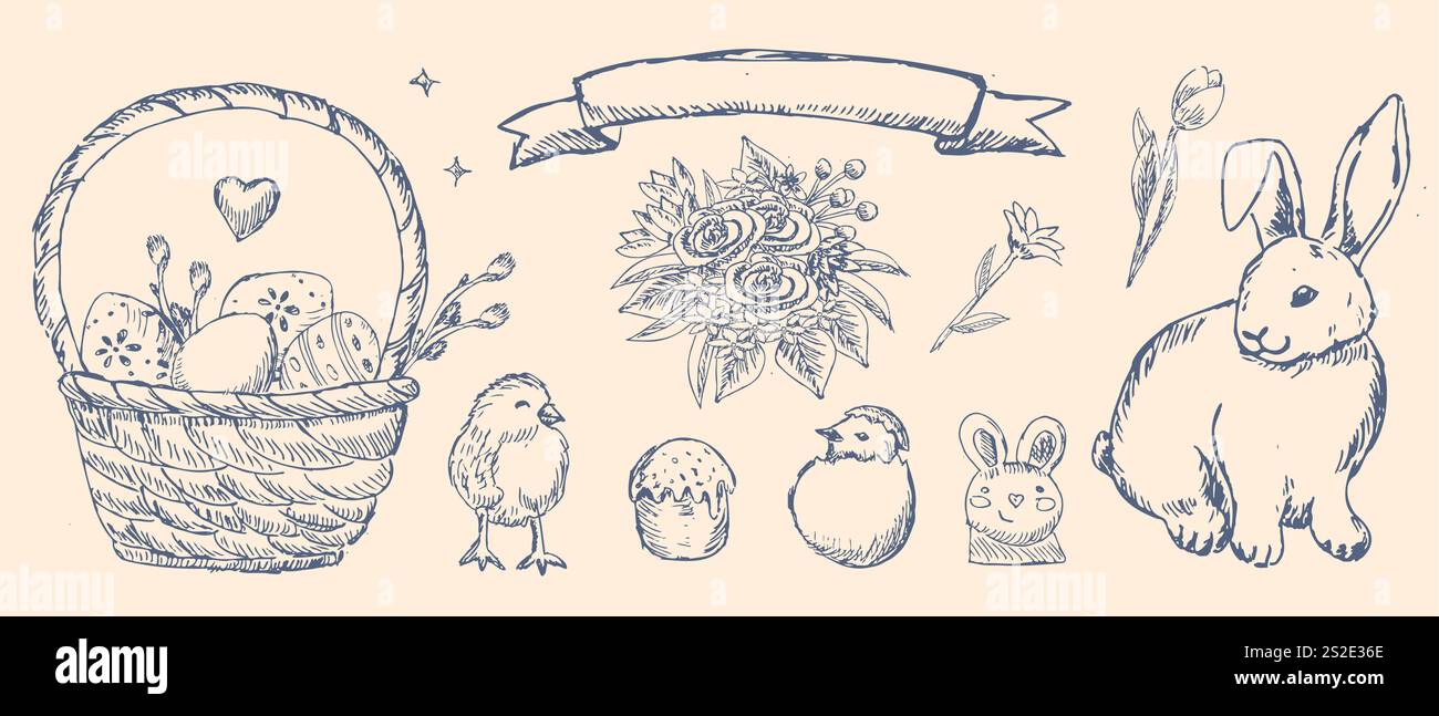 Happy easter graphic ink elements. Hand drawn outline sketch of bunny ...