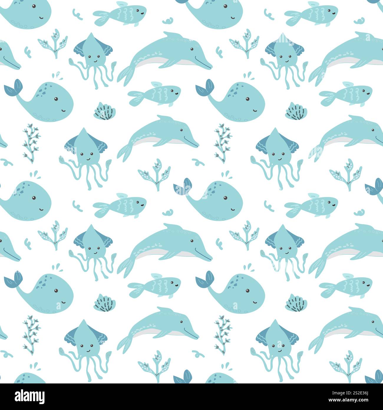 Cute aquatic animal pattern with dolphins, whales, fish, and squids in ...