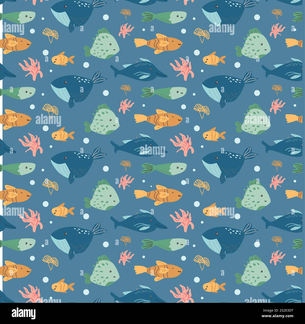 Colorful ocean creatures pattern with whales, fish, and sea plants ...