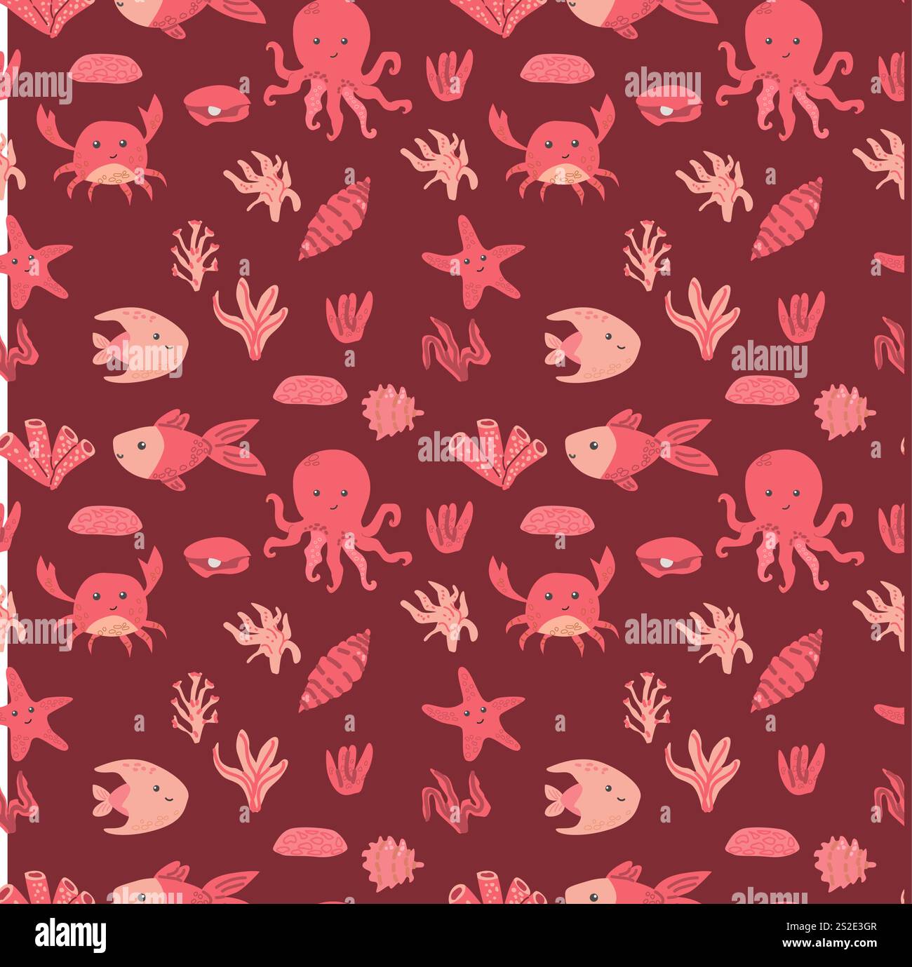 Seamless ocean creatures pattern with fish, octopus, crab, starfish ...