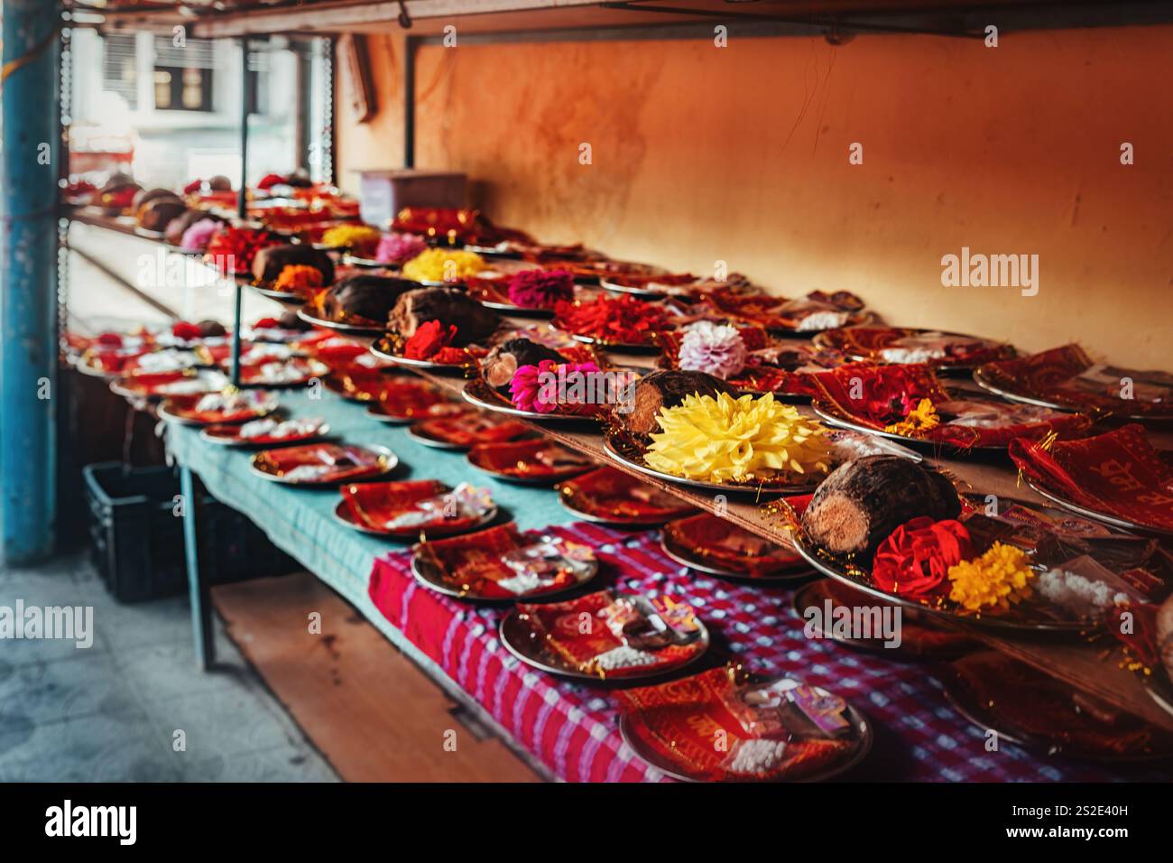 ceremonial flowers in an Indian ashram Stock Photo - Alamy