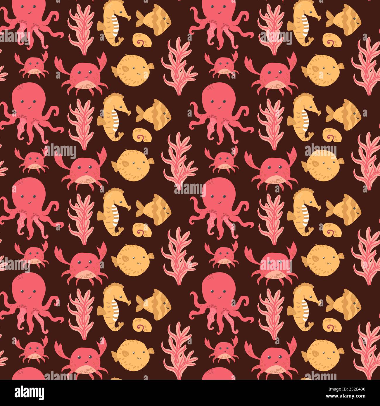 Colorful marine life pattern with octopuses, crabs, and seahorses Stock ...