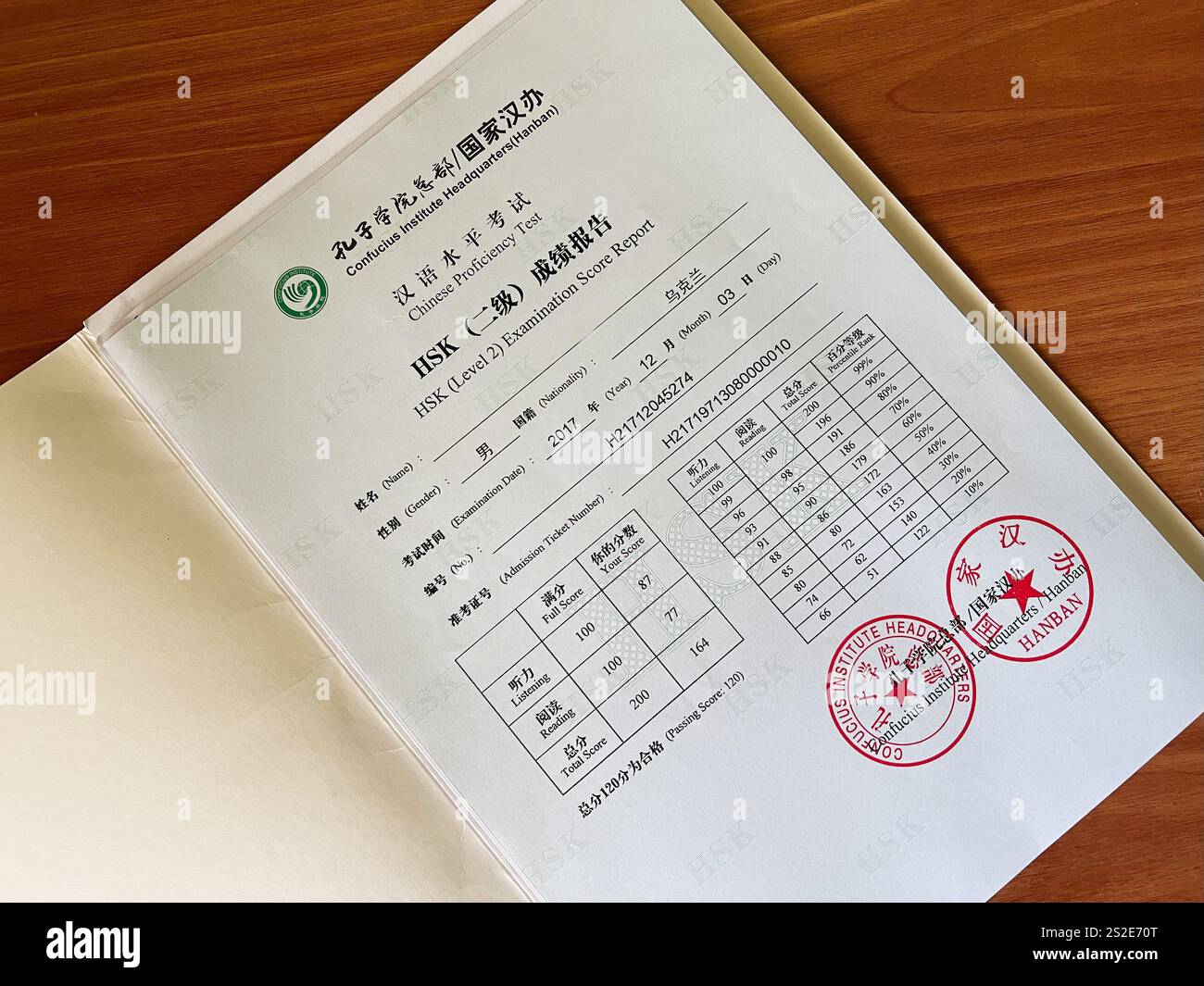 Kyiv, Ukraine - January 07, 2025: An HSK examination report lying on a ...