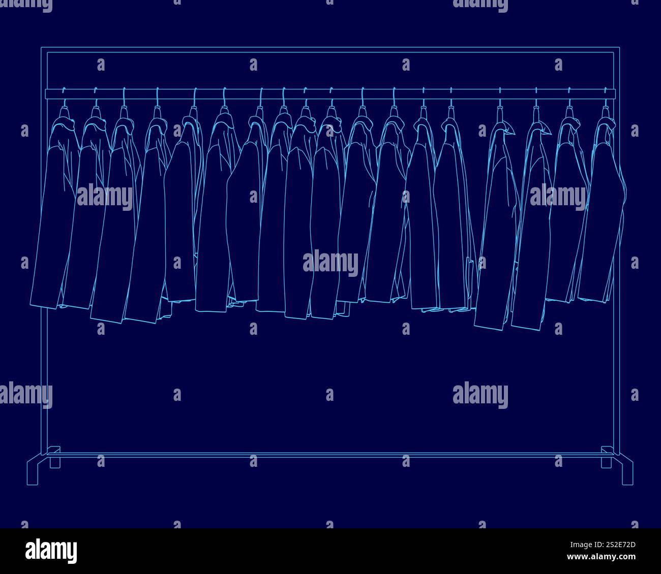 Blue line drawing of a row of clothes hanging on a rack. The clothes ...