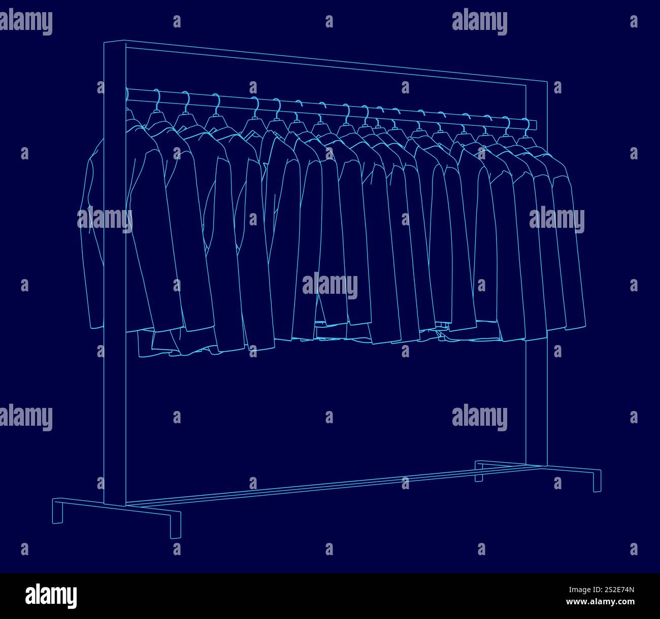The image is a blue drawing of a clothes rack with many clothes hanging ...