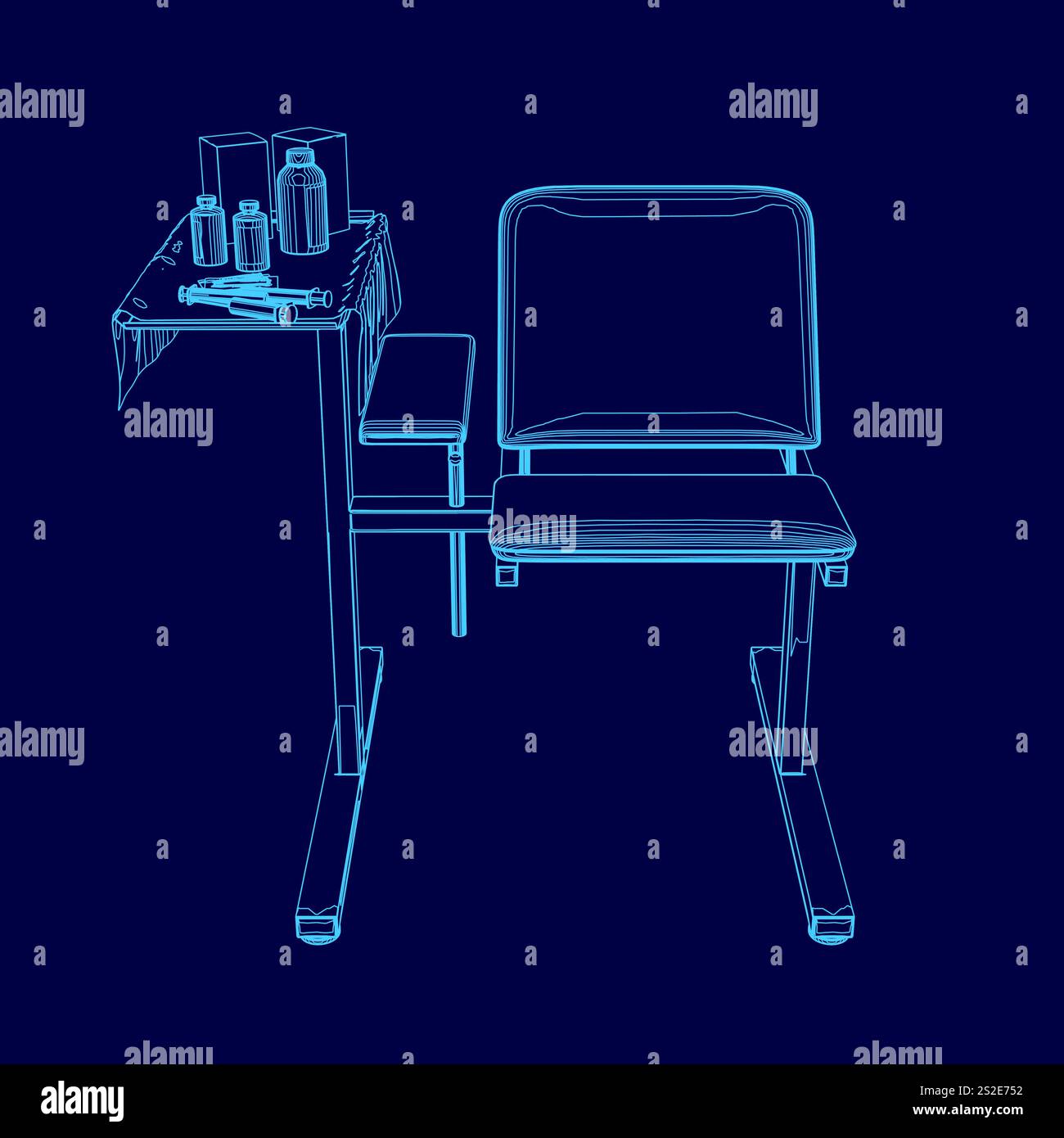 Blue chair is shown with a desk underneath it. The desk has a gun on it ...