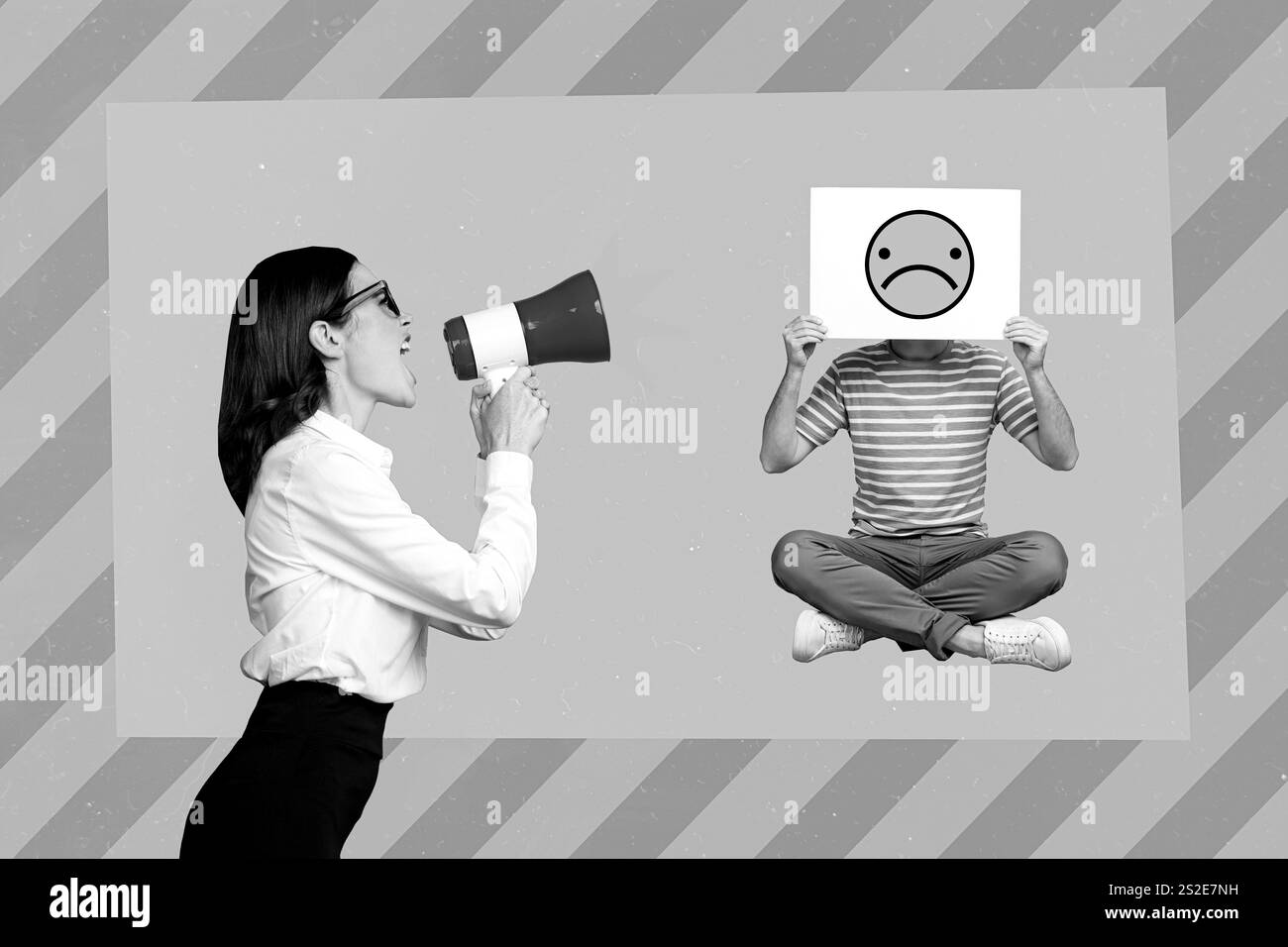 Photo collage cartoon comics sketch picture of angry boss screaming toa ...