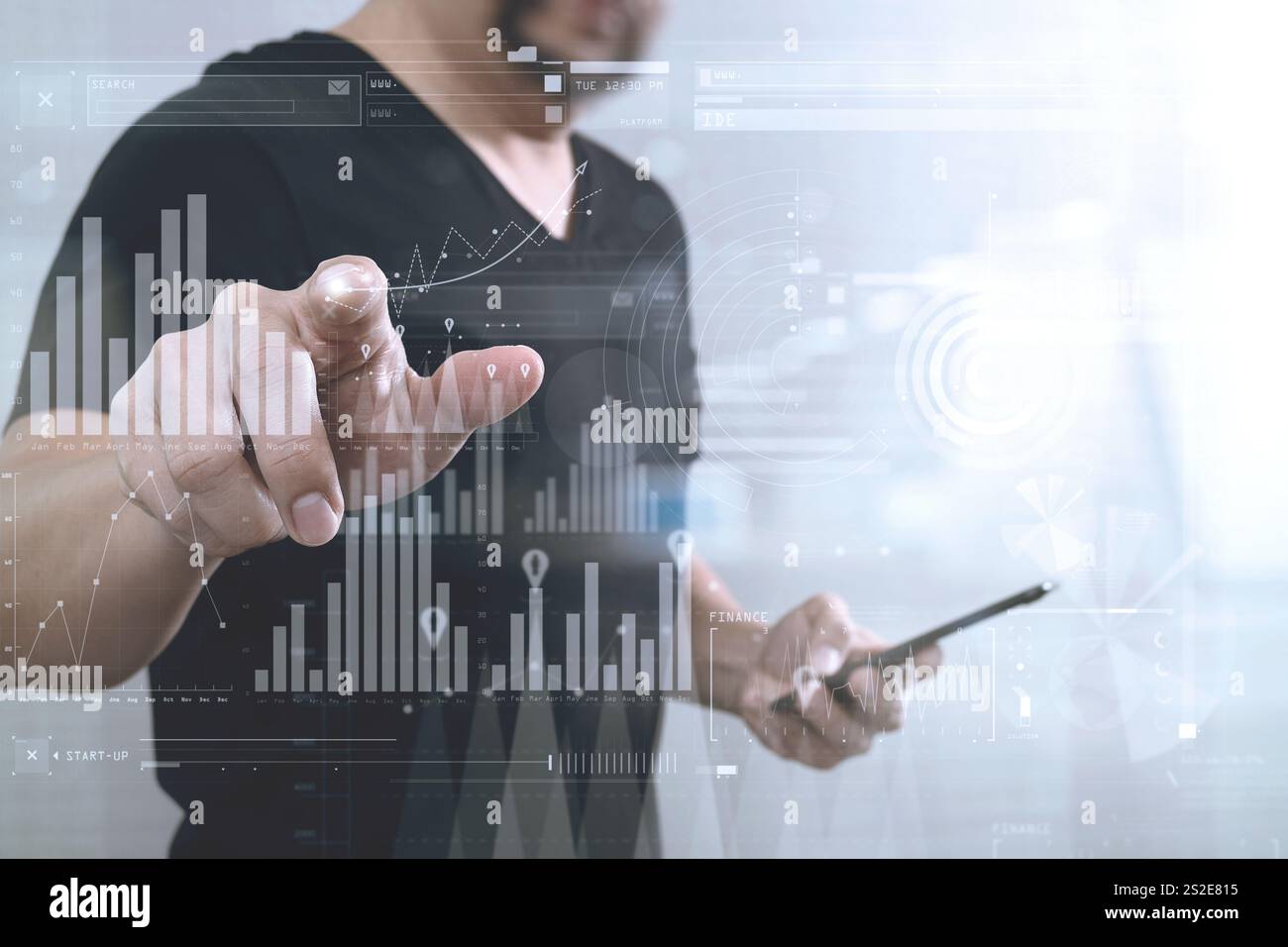 Designer hand pressing an imaginary button,holding smart phone,virtual ...