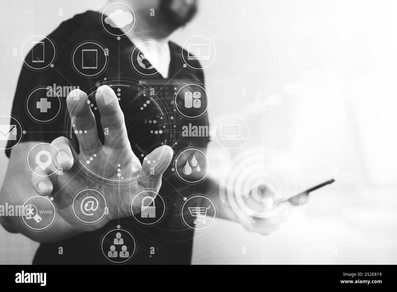 Designer hand pressing an imaginary button,holding smart phone,virtual ...