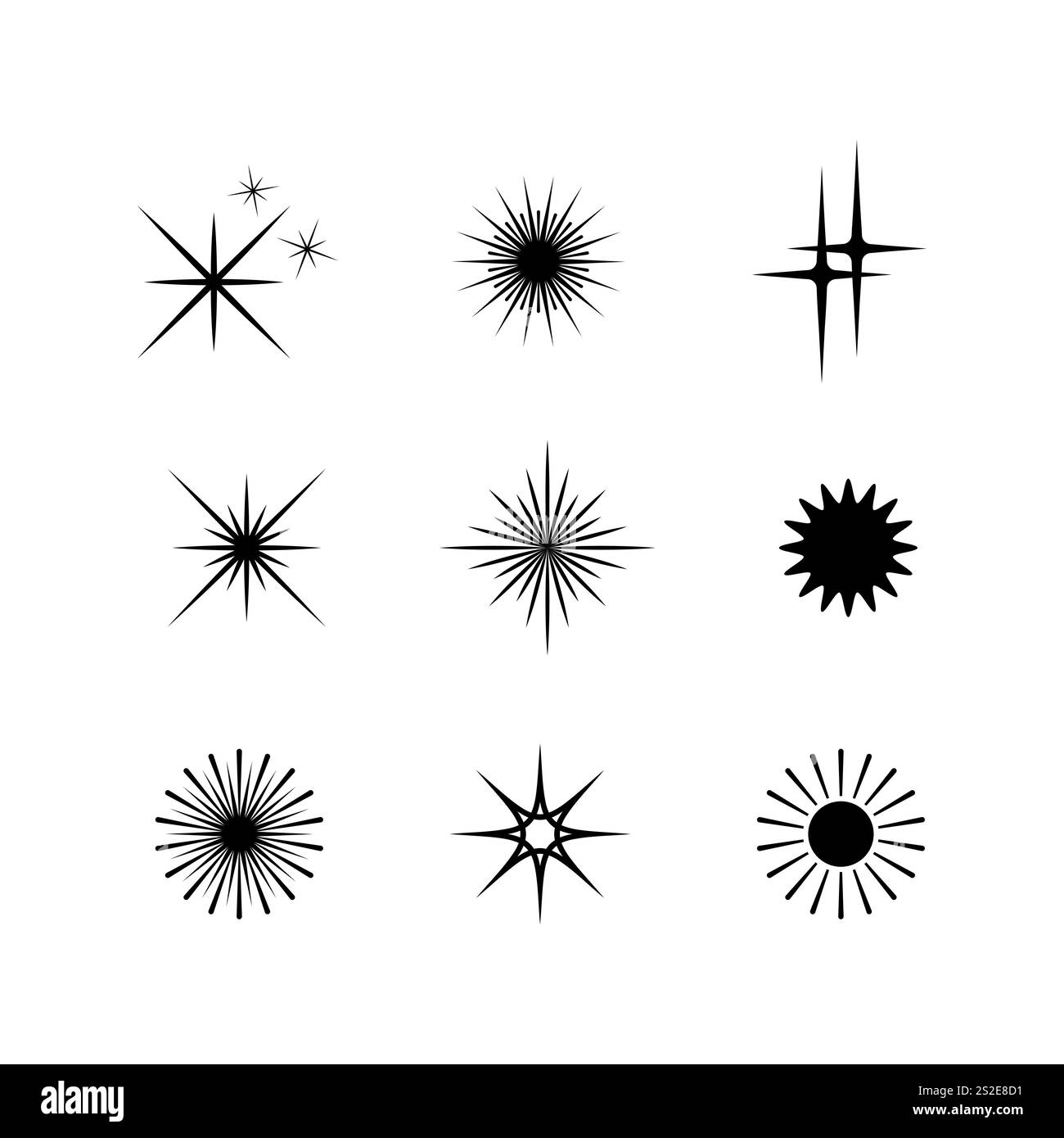 Star shape flash silhouette set, Collection of twinkling stars and sun ...