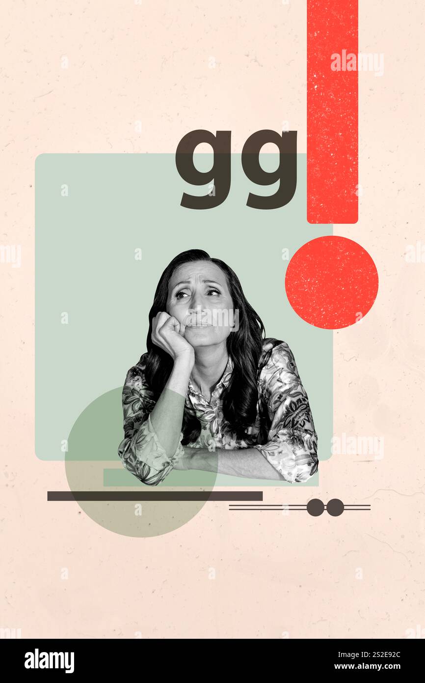 Vertical sketch 3d artwork collage poster of puzzled old woman sit ...