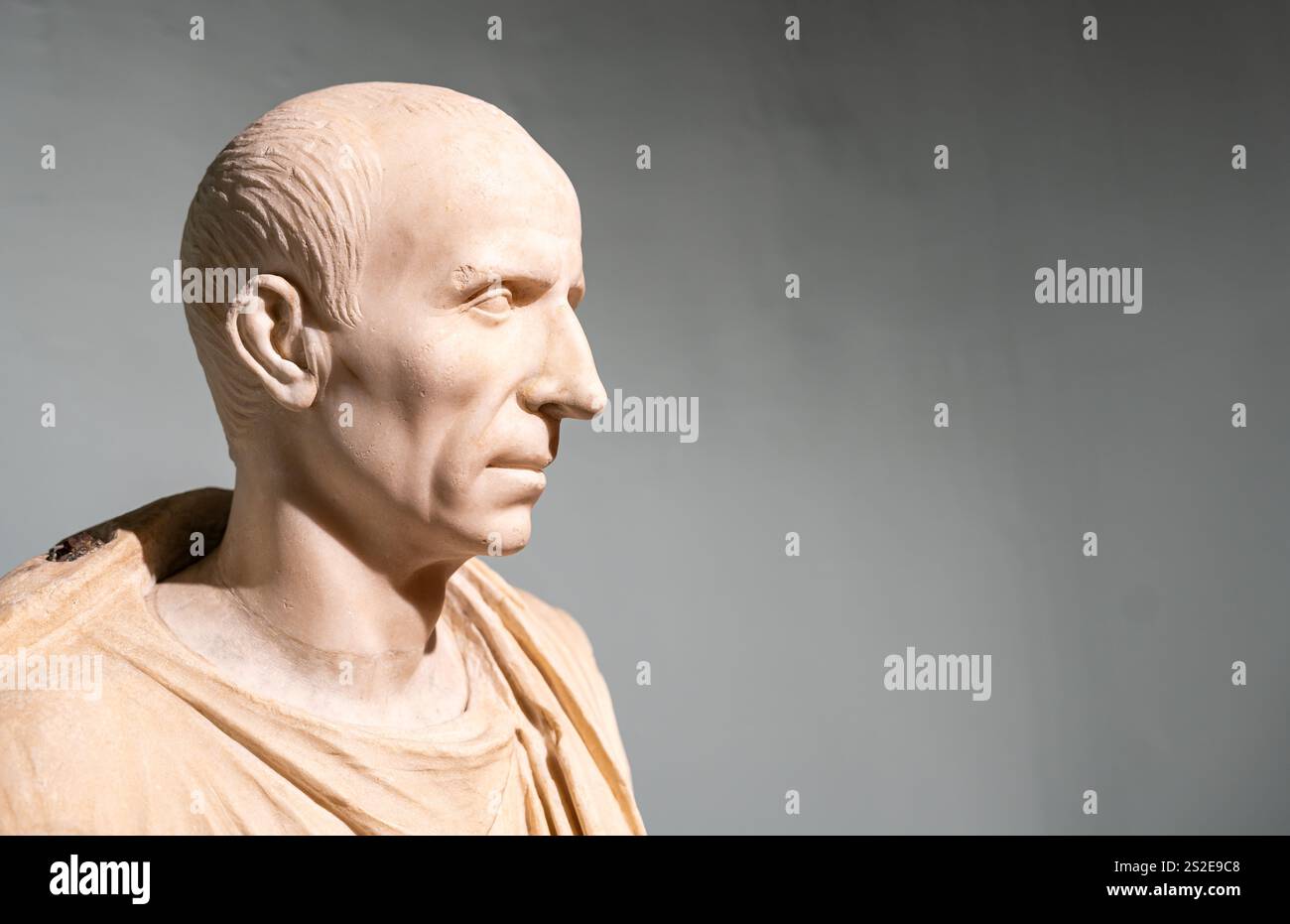 Profile of bald bust of ancient roman senior man sculpted in marble ...