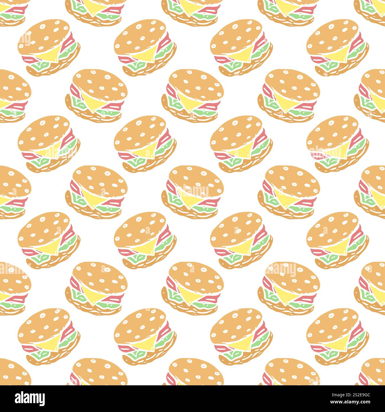 Seamless burger pattern. Drawn hamburger background. Doodle hand drawn ...