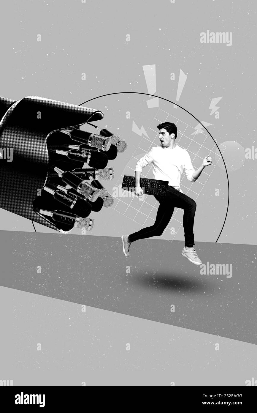 Collage artwork graphics picture of angry guy running away from ...