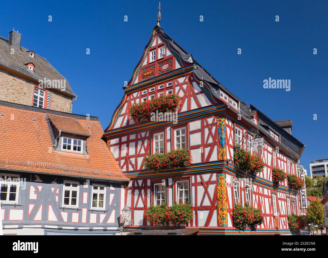 Germany, Hesse, Idstein, Half timbered Gasthaus Zur Peif decorated with ...