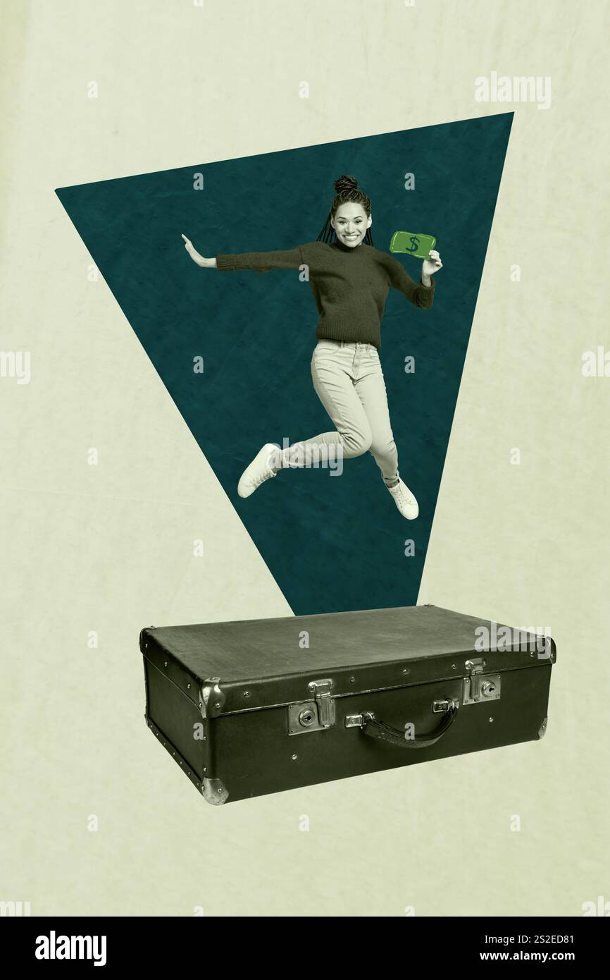 Template poster trend artwork 3D photo collage of young woman jump ...