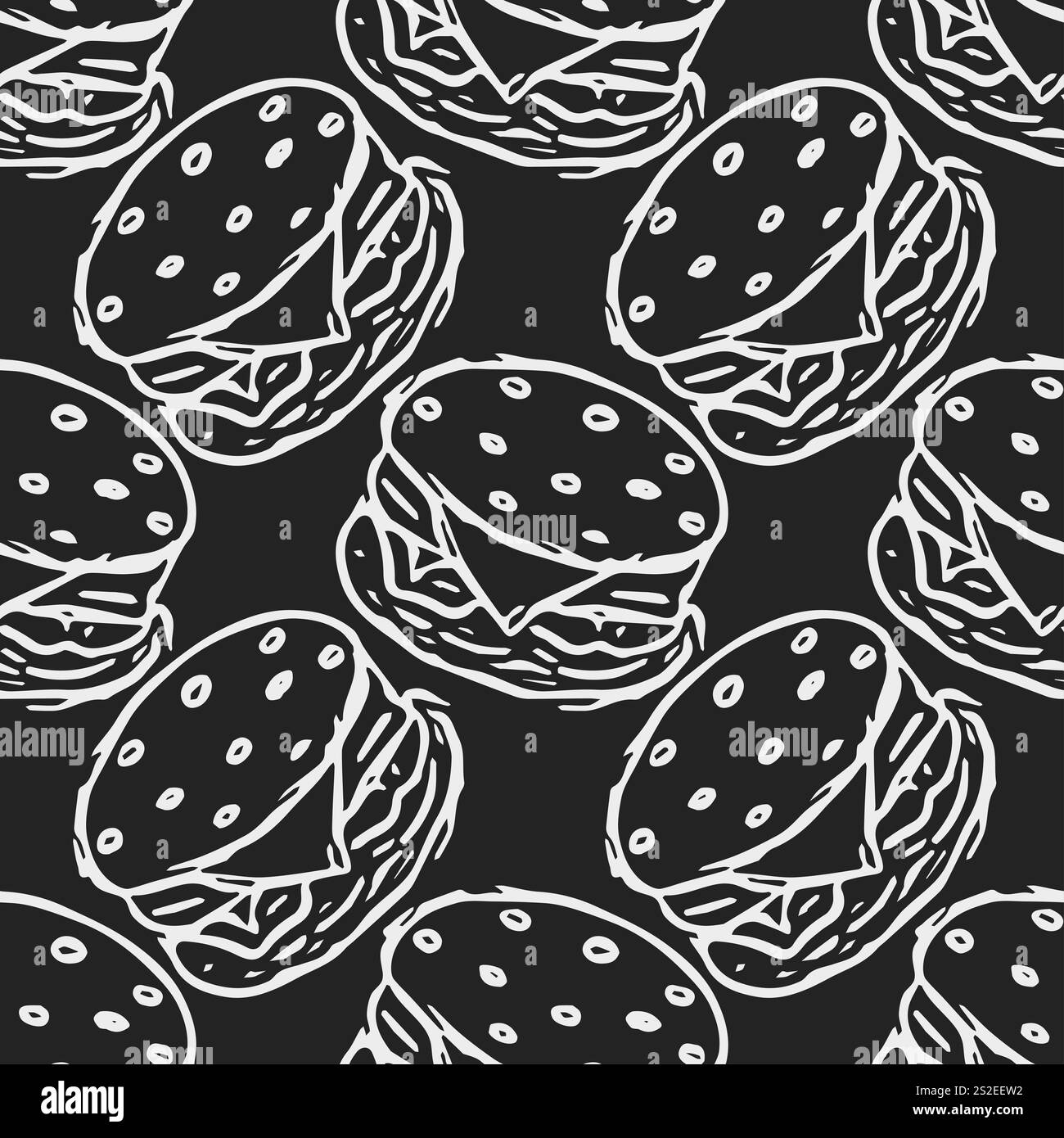 Seamless burger pattern. Drawn hamburger background. Doodle hand drawn ...