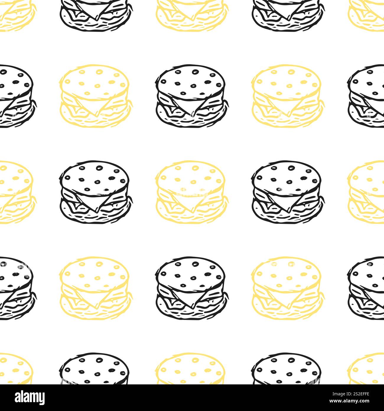 Seamless burger pattern. Drawn hamburger background. Doodle hand drawn ...