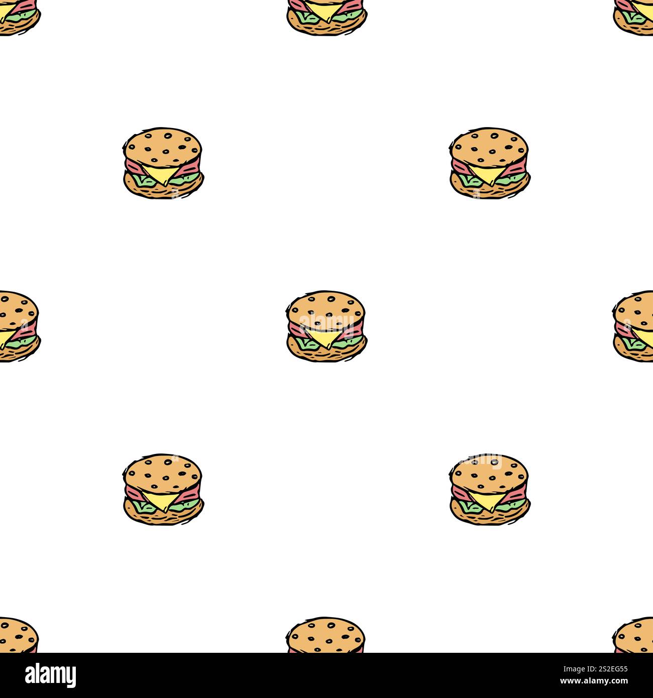 Seamless burger pattern. Drawn hamburger background. Doodle hand drawn ...