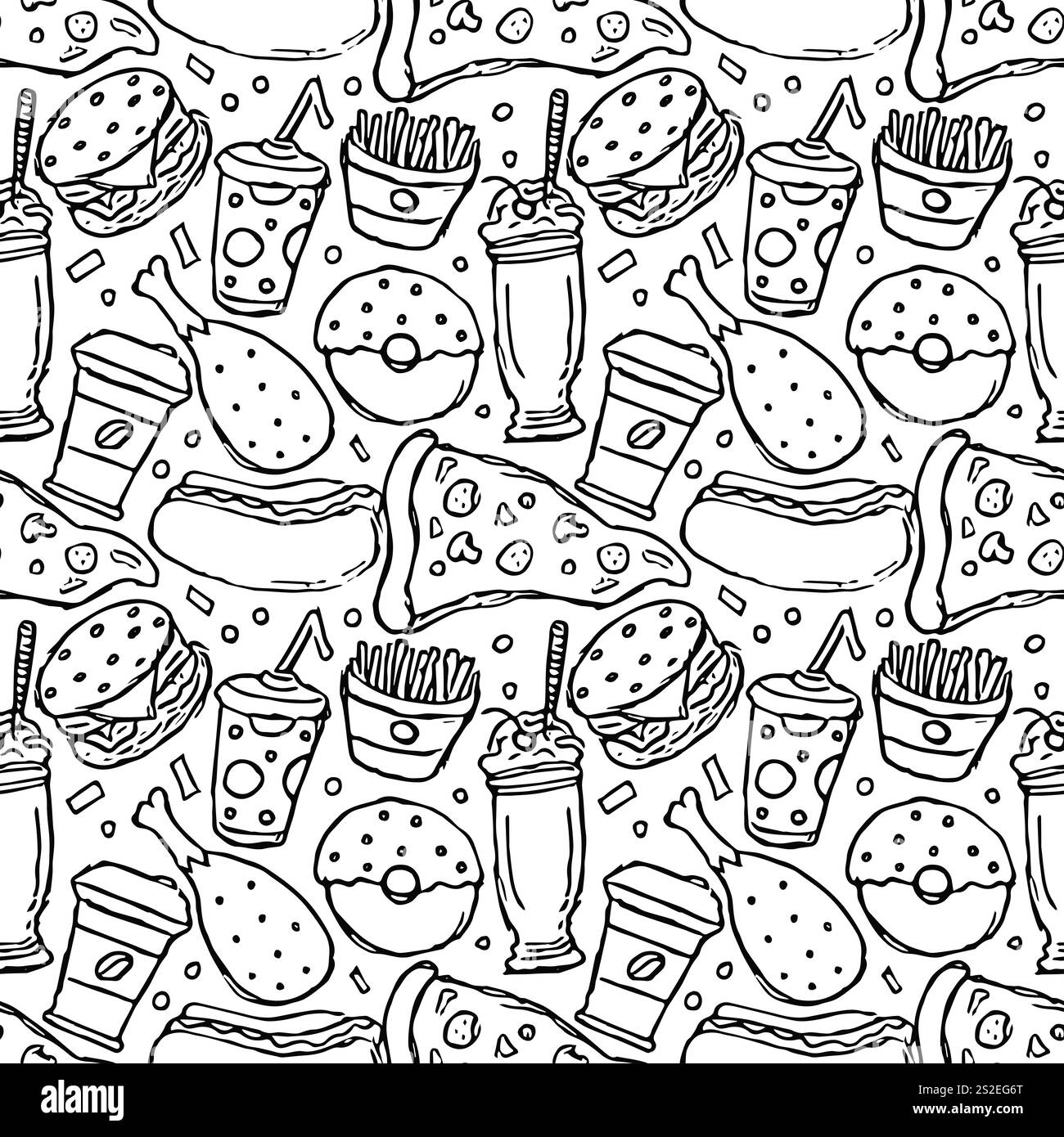 Seamless fast food pattern. fast food illustration. Drawn food pattern Stock Photo - Alamy