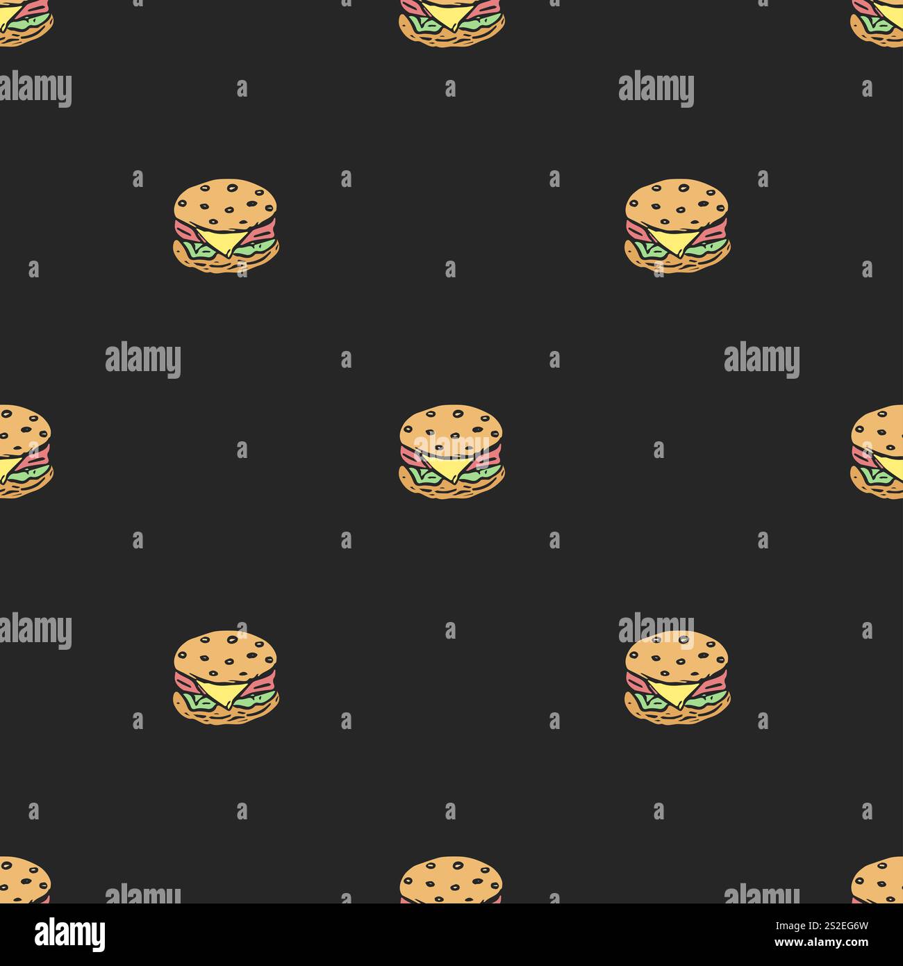 Seamless burger pattern. Drawn hamburger background. Doodle hand drawn ...