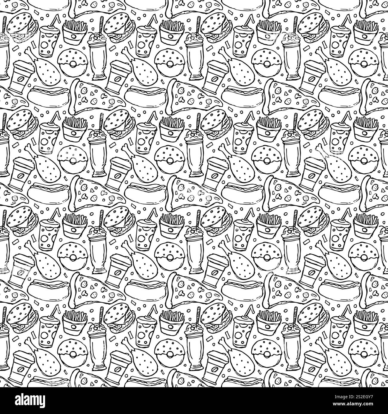 Seamless fast food pattern. fast food illustration. Drawn food pattern Stock Photo - Alamy