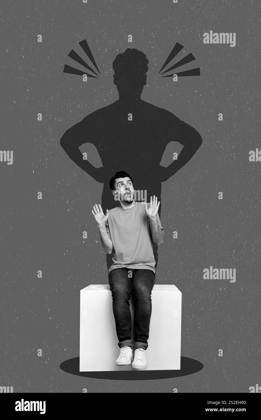 Creative artwork collage photo of young scared stressed guy sit ...