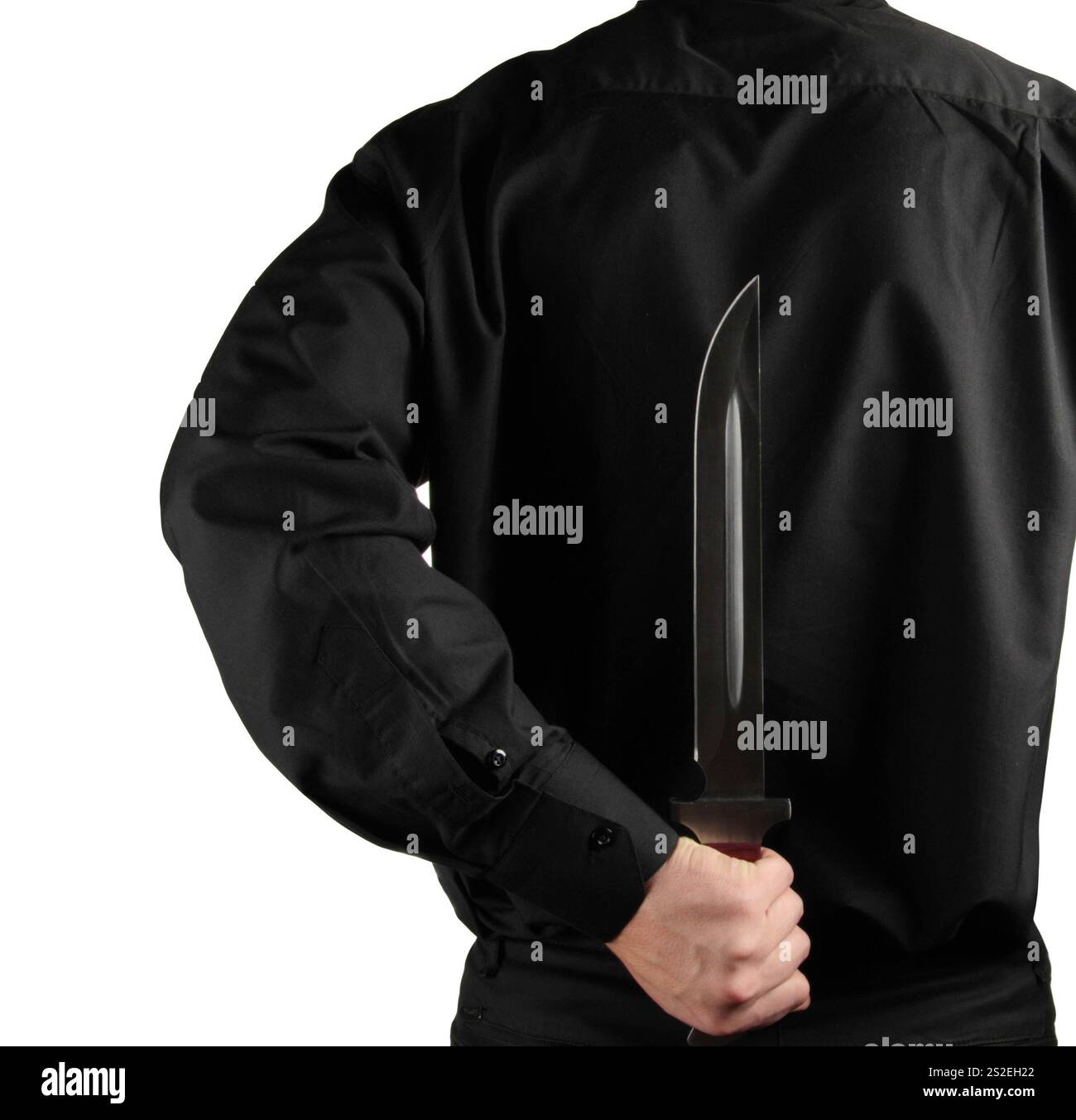 standing man in black with knife for backs isolated on white background ...