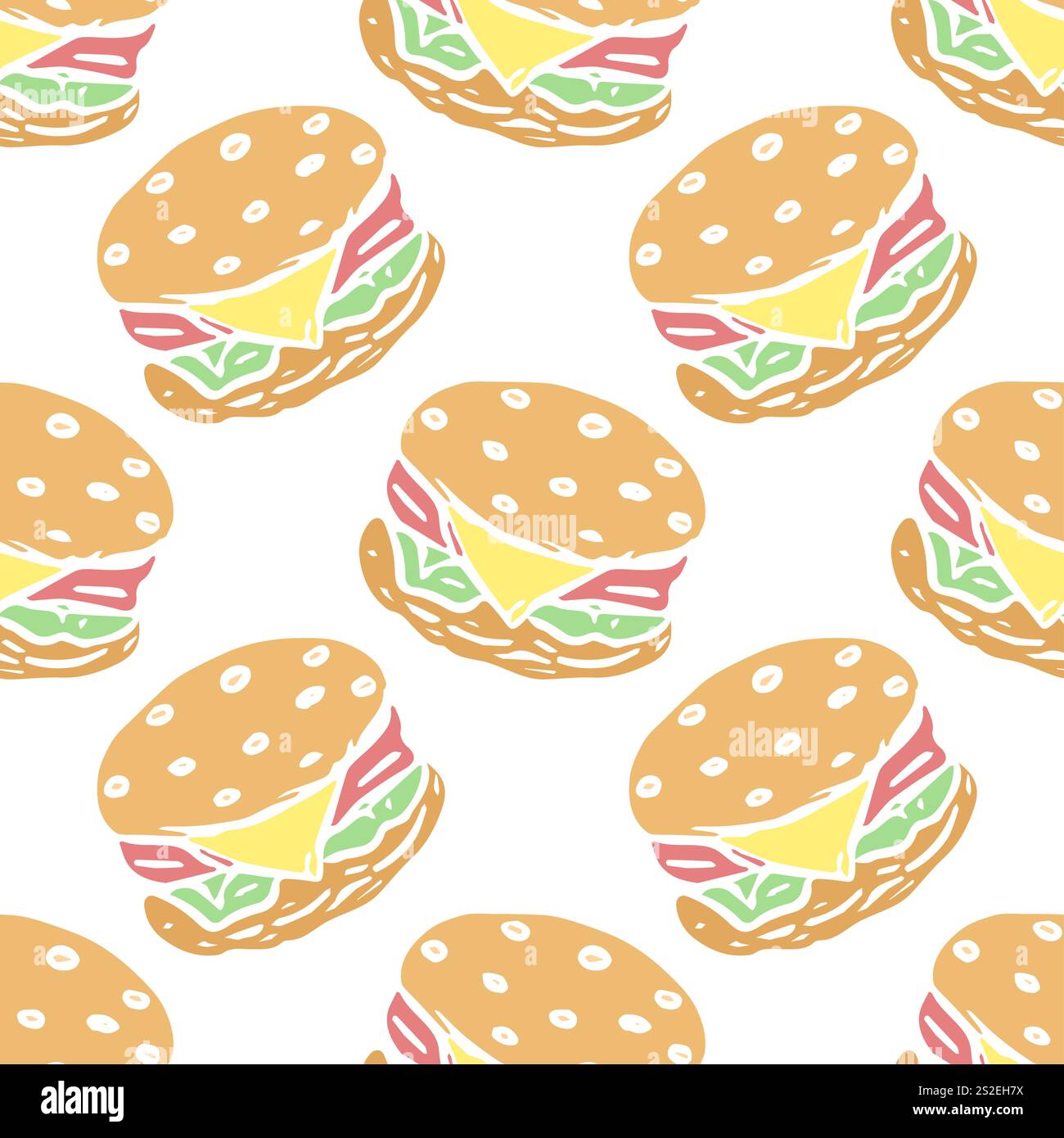 Seamless burger pattern. Drawn hamburger background. Doodle hand drawn ...