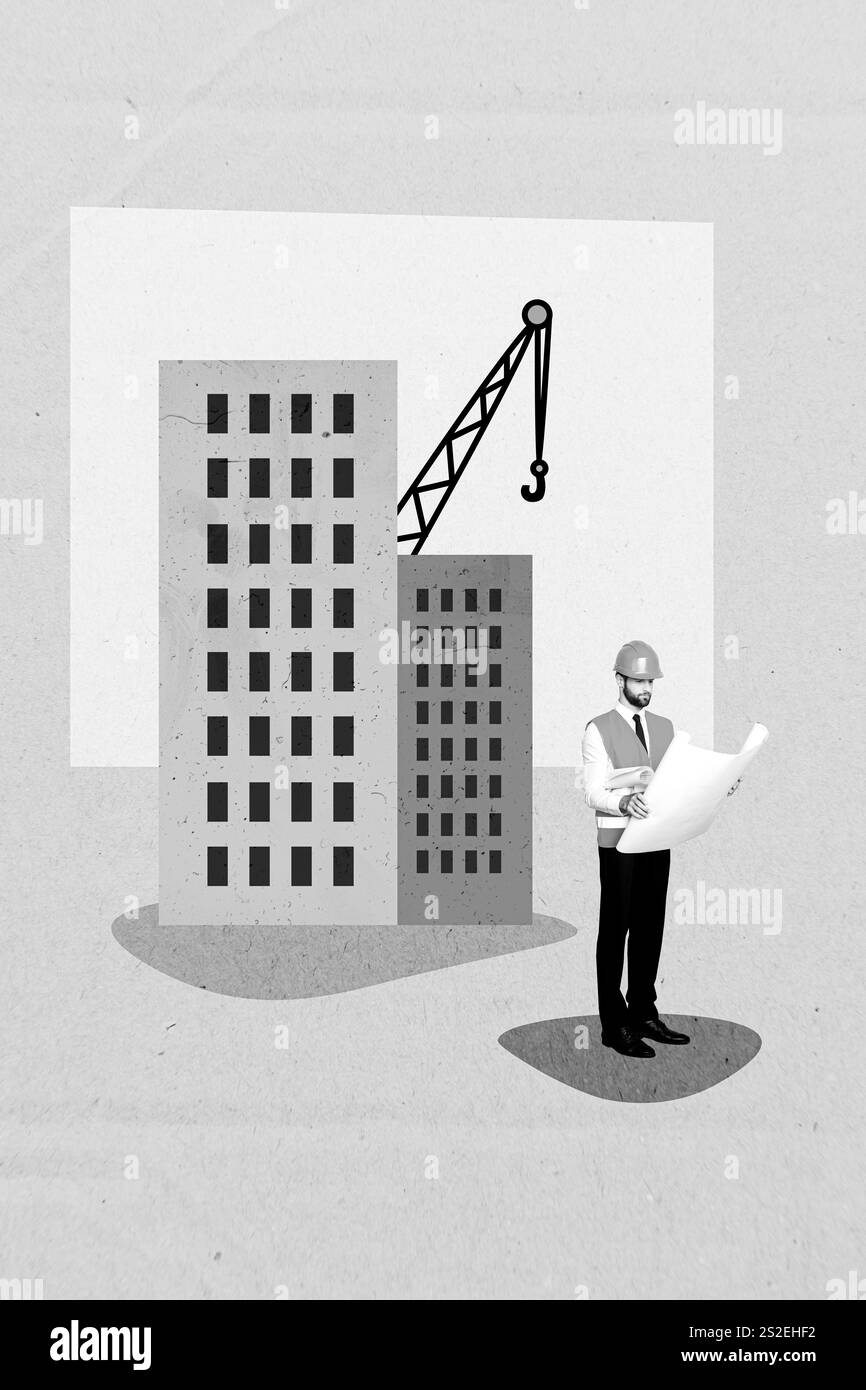 Vertical collage picture of black white effect person hold read paper ...