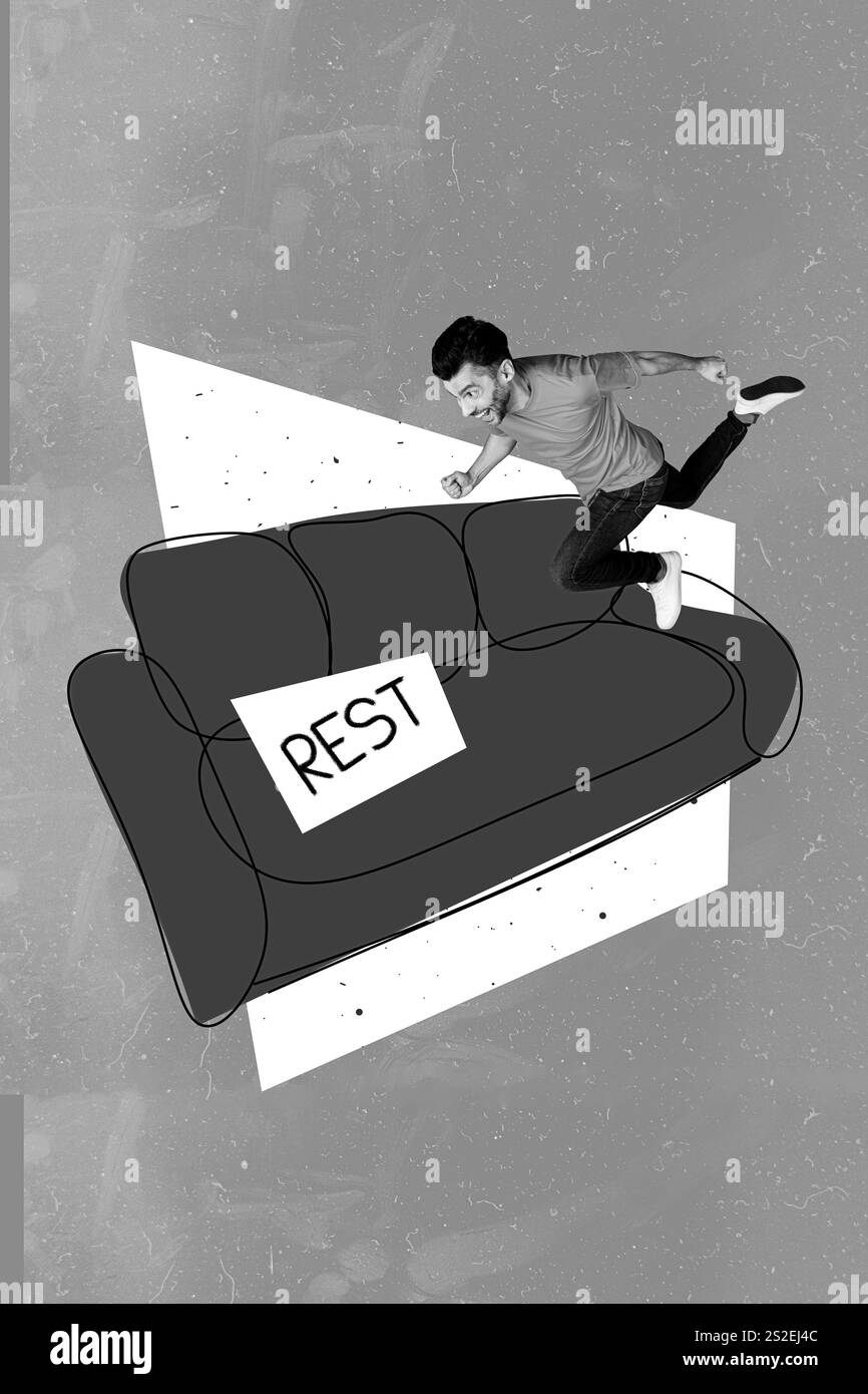 Collage Photo Of Young Overworked Funny Excited Guy Running Excited Rest Room Blue Drawing Sofa
