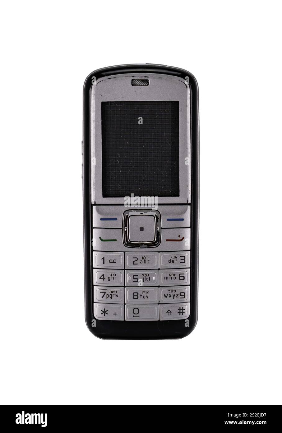 Retro mobile phone with a classic button design on a transparent ...